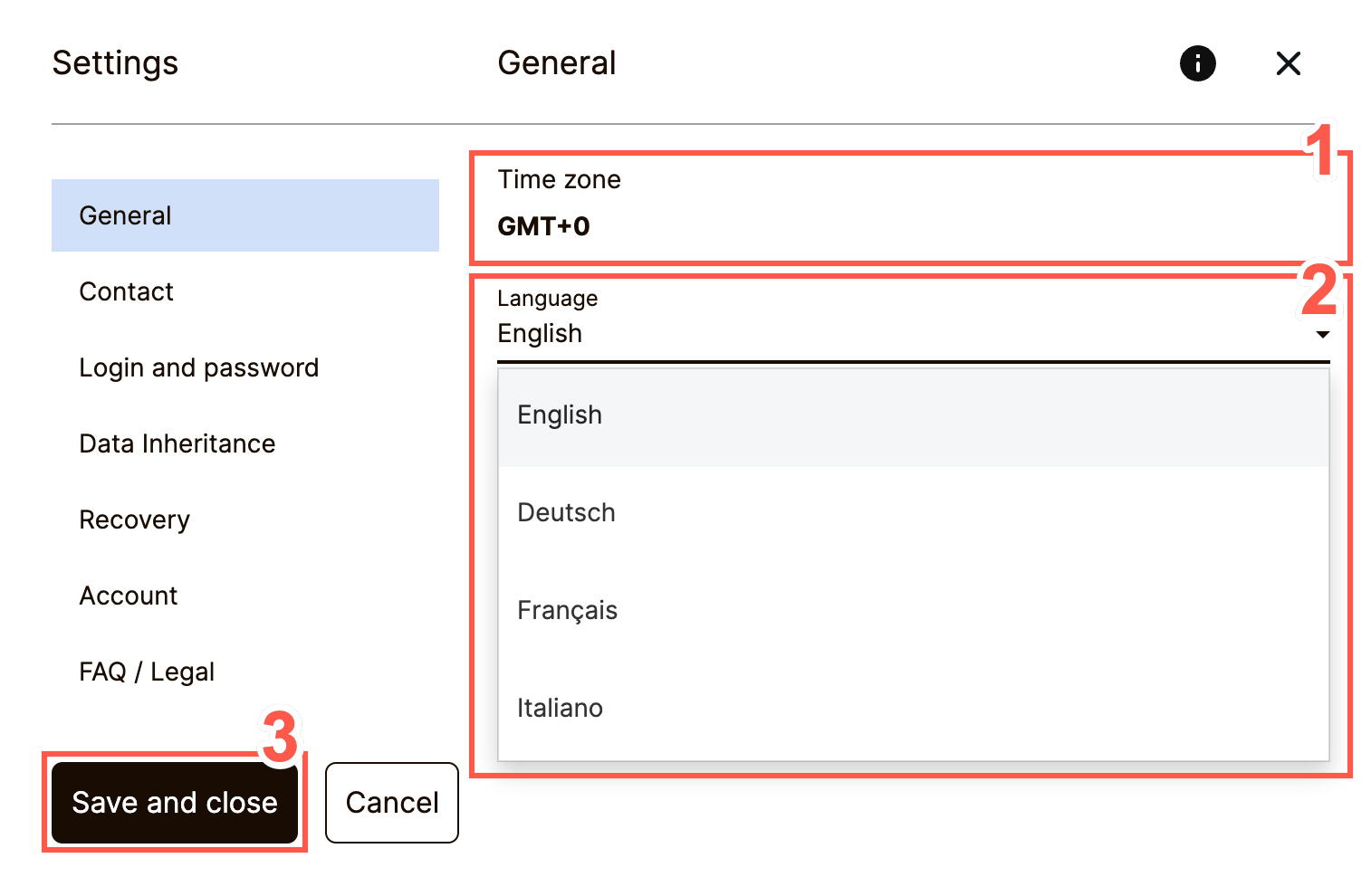 General Settings: Adjusting Time Zone and Language of Your SecureSafe