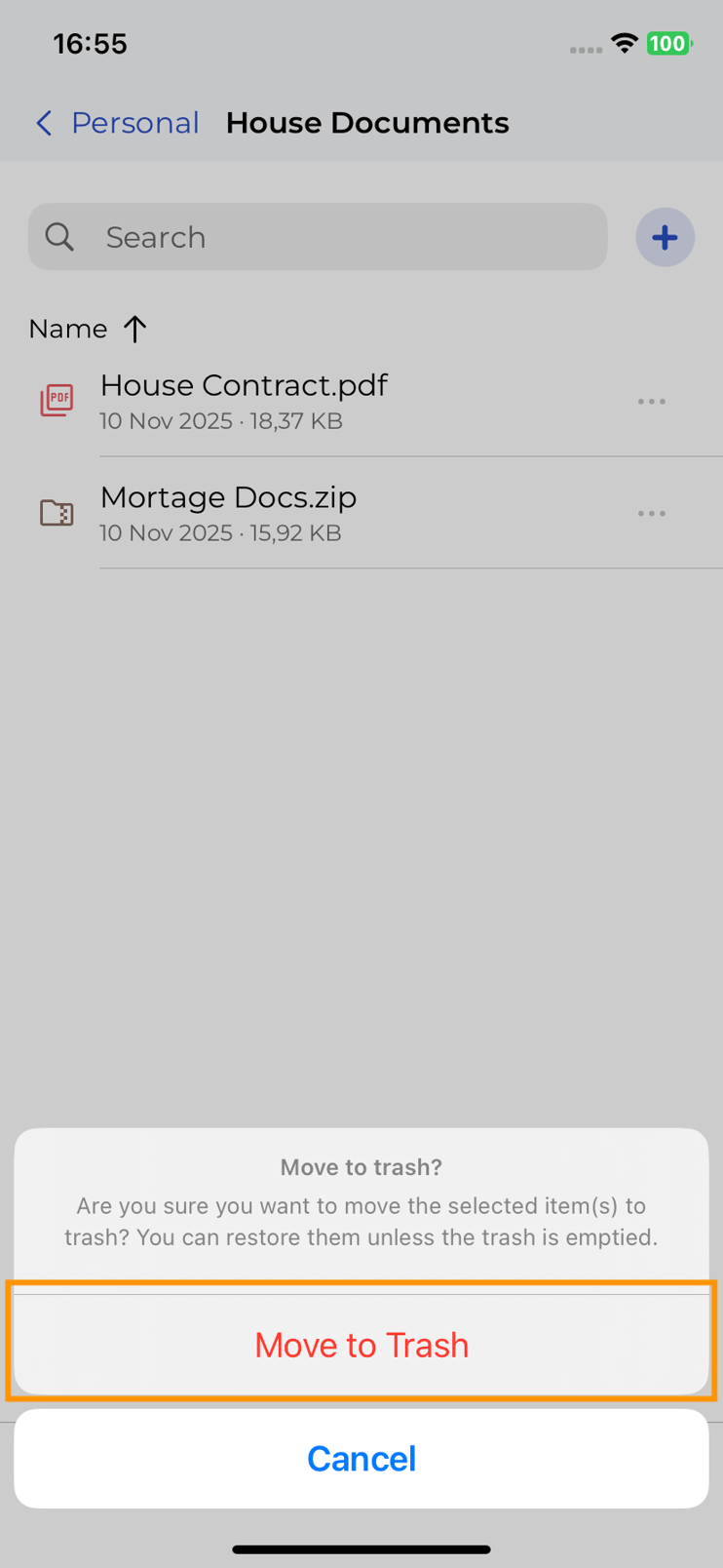 SecureSafe File - Mobile: Moving items to trash