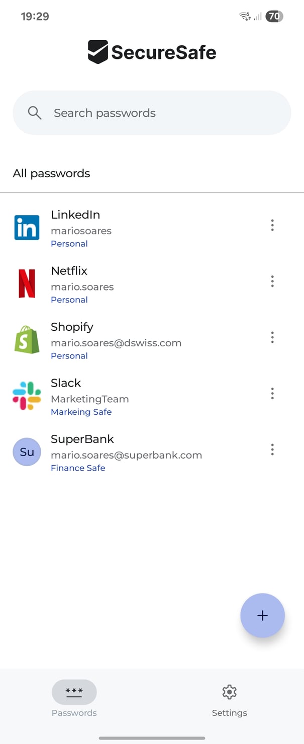 SecureSafe Pass Mobile App: Passwort-Dashboard